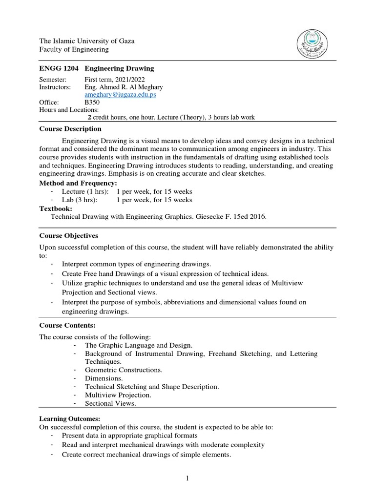 ENGG 1204 - Engineering Drawing - Course Outline First Term - 2021 ...