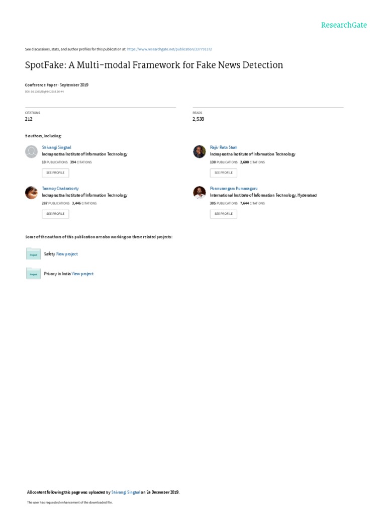 Spotfake A Multi Modal Framework For Fake News Detection Pdf