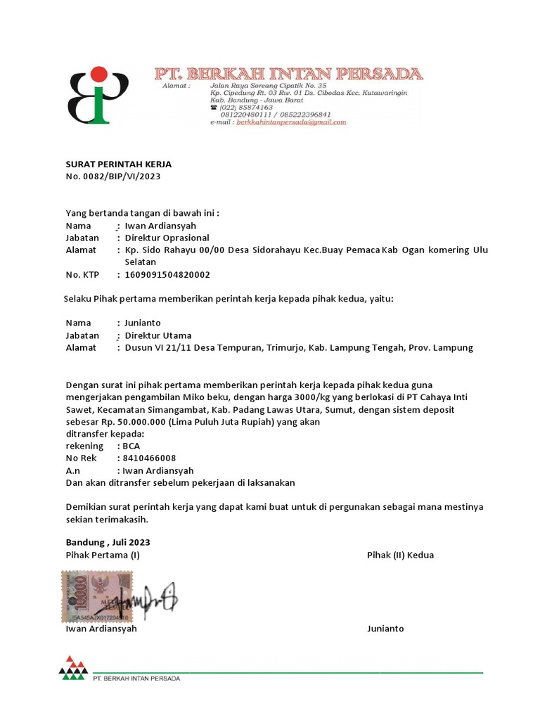 Surat Perintah Kerja PT. Cis | PDF