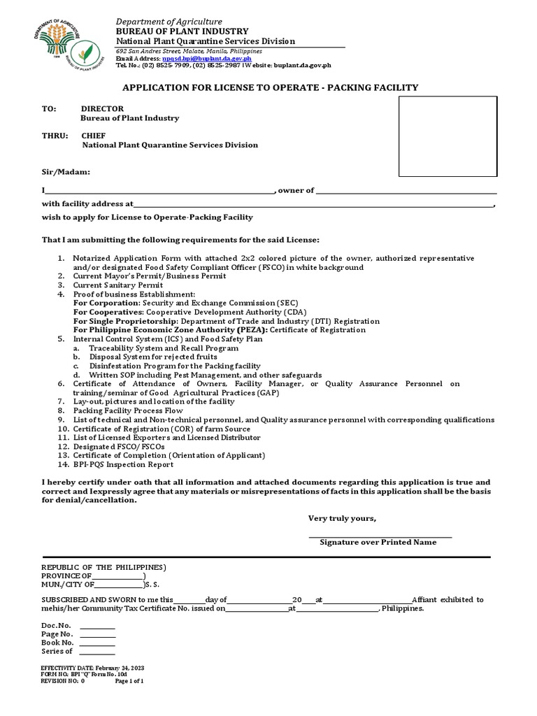 Application Form For License To Operate - Packing Facility 2023 | PDF ...