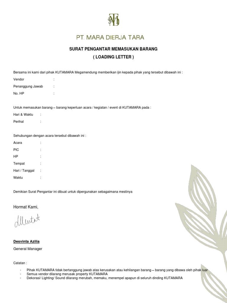 Surat Ijin Loading - Kutamara | PDF | Bisnis | Pengelolaan Keuangan & Uang