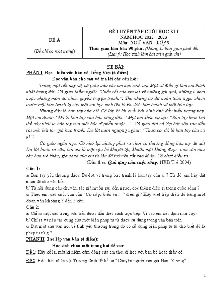 2 Đề Văn 9 Luyện Tập HKI | PDF