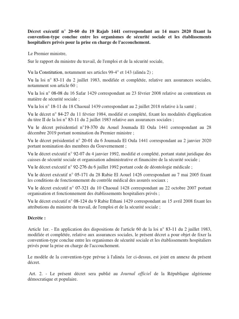 Décret Exécutif N° 20-60 Prise en Charge Accouchement CNAS Au 10012021 ...