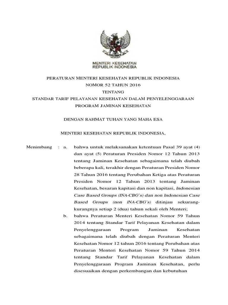 Httphukor - Kemkes.go - Iduploadsproduk HukumPMK No. 52 Tahun 2016 Tentang Standar Tarif ...