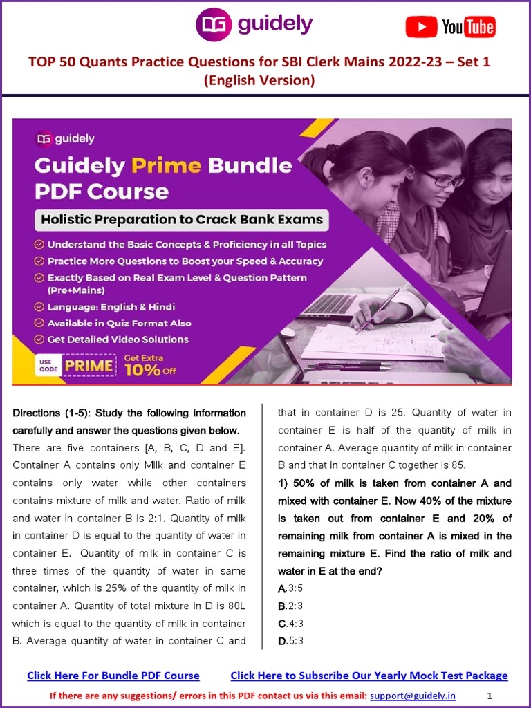 Top Quantitative Aptitude Practice Questions For Sbi Clerk Mains Free Download English Version ...