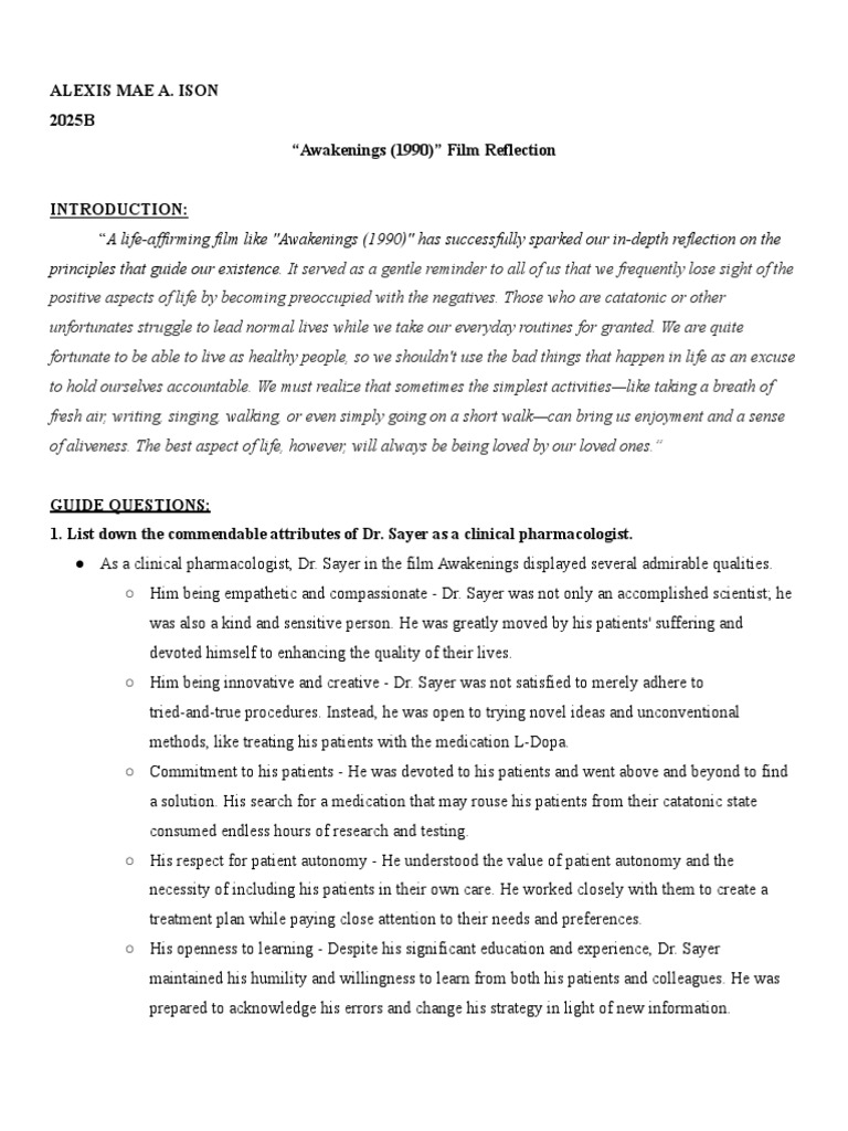 Movie Reflection "Awakenings (1980) " - ISON - AlexisMae2025B.docx-2 ...