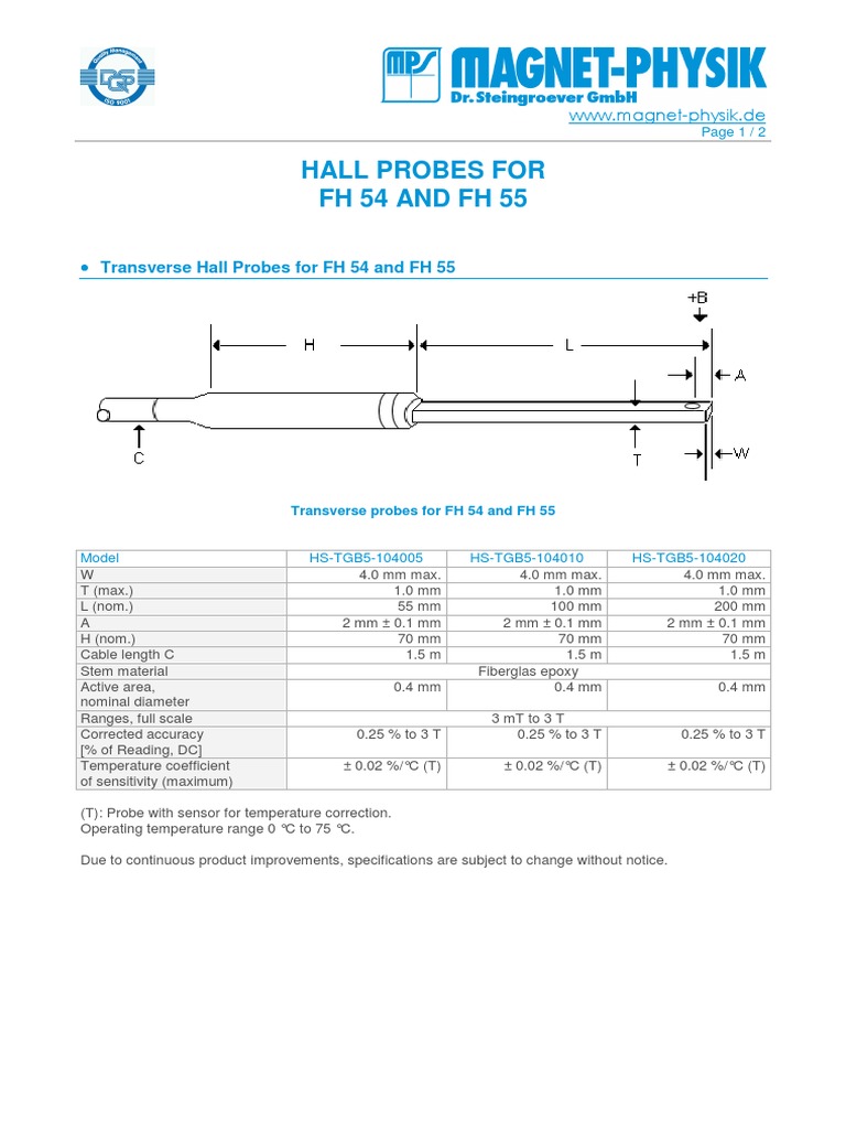 HS Hall Probes For FH 54 and FH 55 | PDF | Measuring Instrument | Applied And Interdisciplinary ...