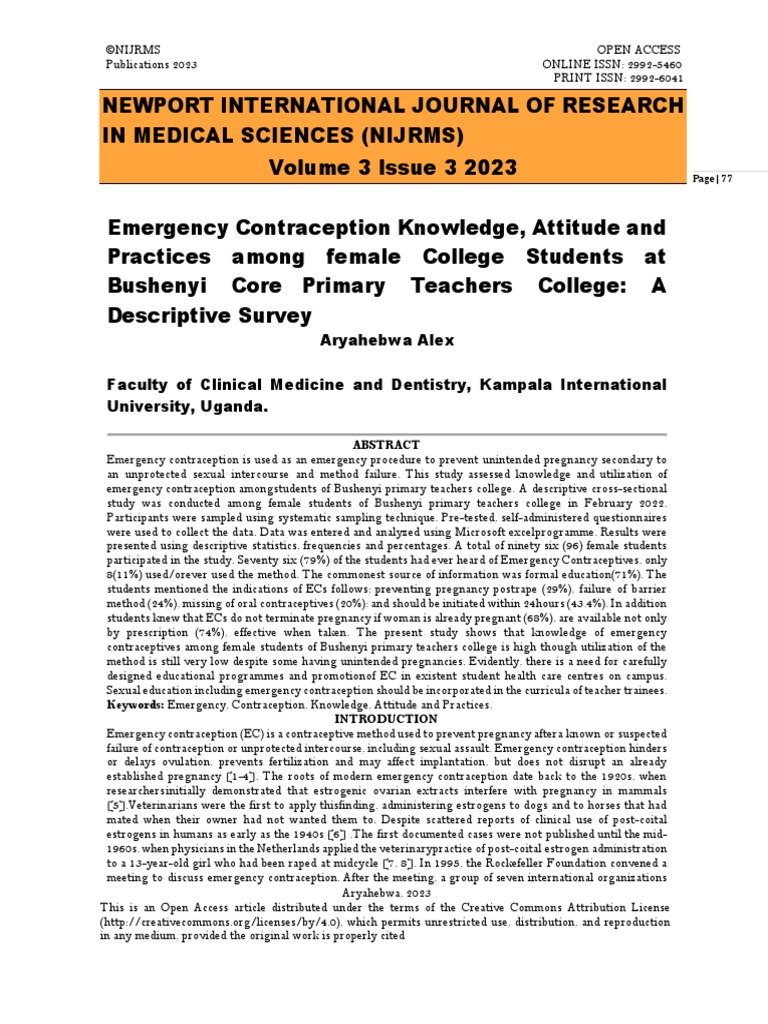 Emergency Contraception Knowledge, Attitude and Practices Among Female ...