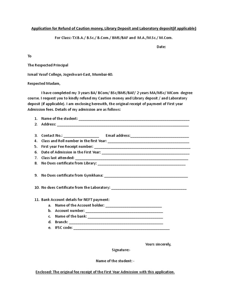 Refund form of Caution money and Library - Laboratory deposit | PDF