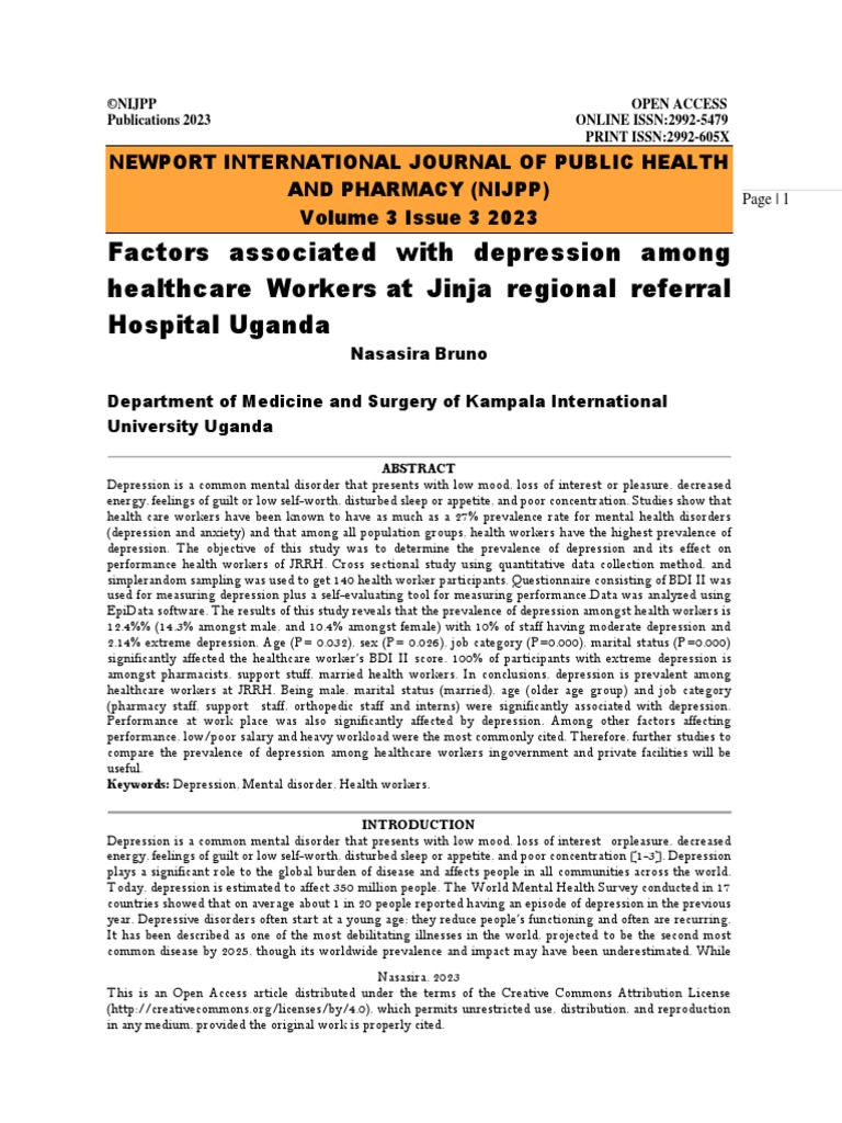 Factors Associated With Depression Among Healthcare Workers at Jinja ...