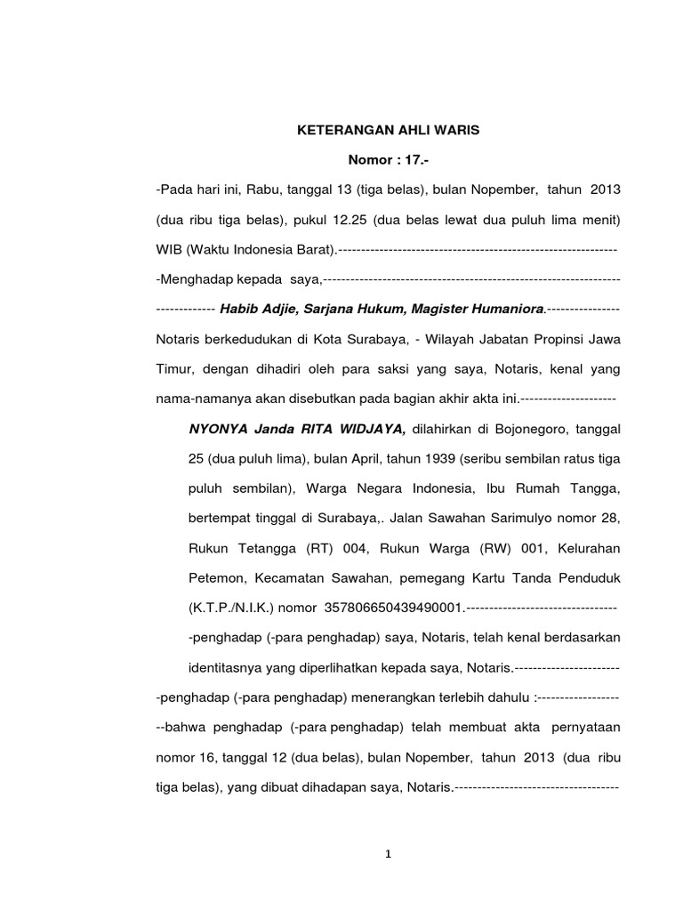 Contoh Akta Keterangan Ahli Waris | PDF