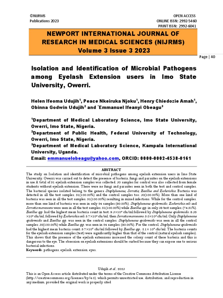 Isolation and Identification of Microbial Pathogens Among Eyelash Extension Users in Imo State ...