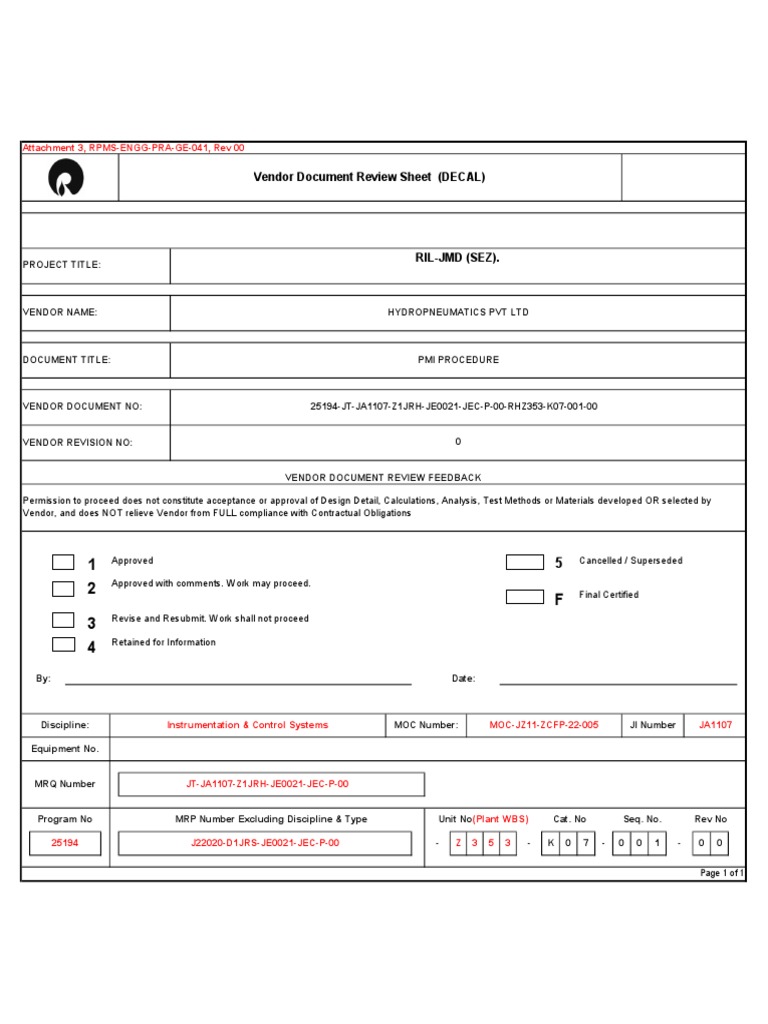 Vendor Document Review Sheet (DECAL) : Attachment 3, RPMS-ENGG-PRA-GE ...