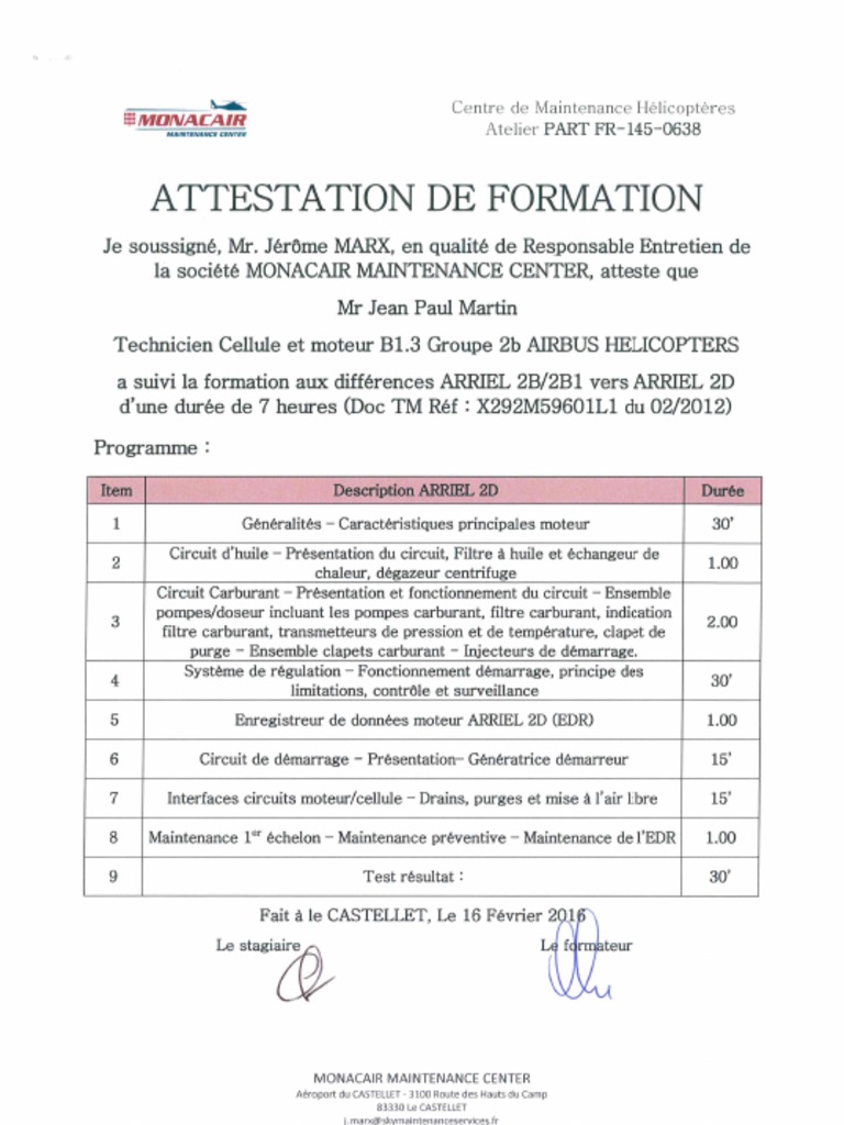 Attestations de Formation Différences ARRIEL 2D | PDF