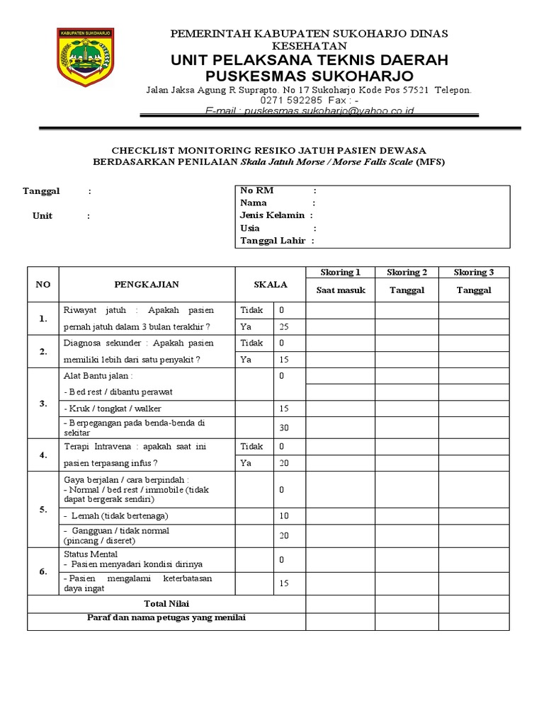 CHECKLIST MONITORING RESIKO JATUH PASIEN DEWASA - Copy | PDF