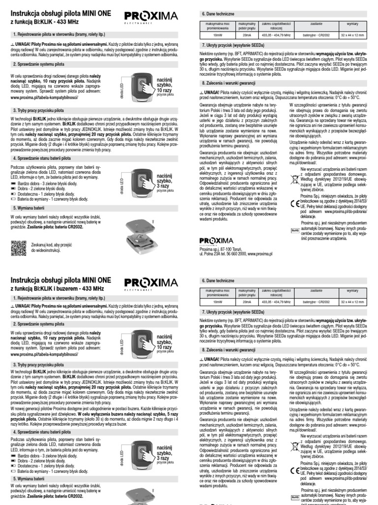 Instrukcje Pilotow Breloczkowych Proxima | PDF