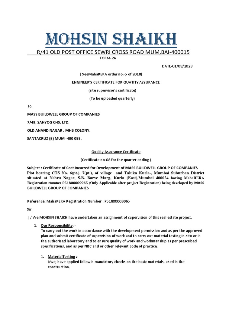 01-08-2023 Quality Assurance certificate-RERA | Download Free PDF ...