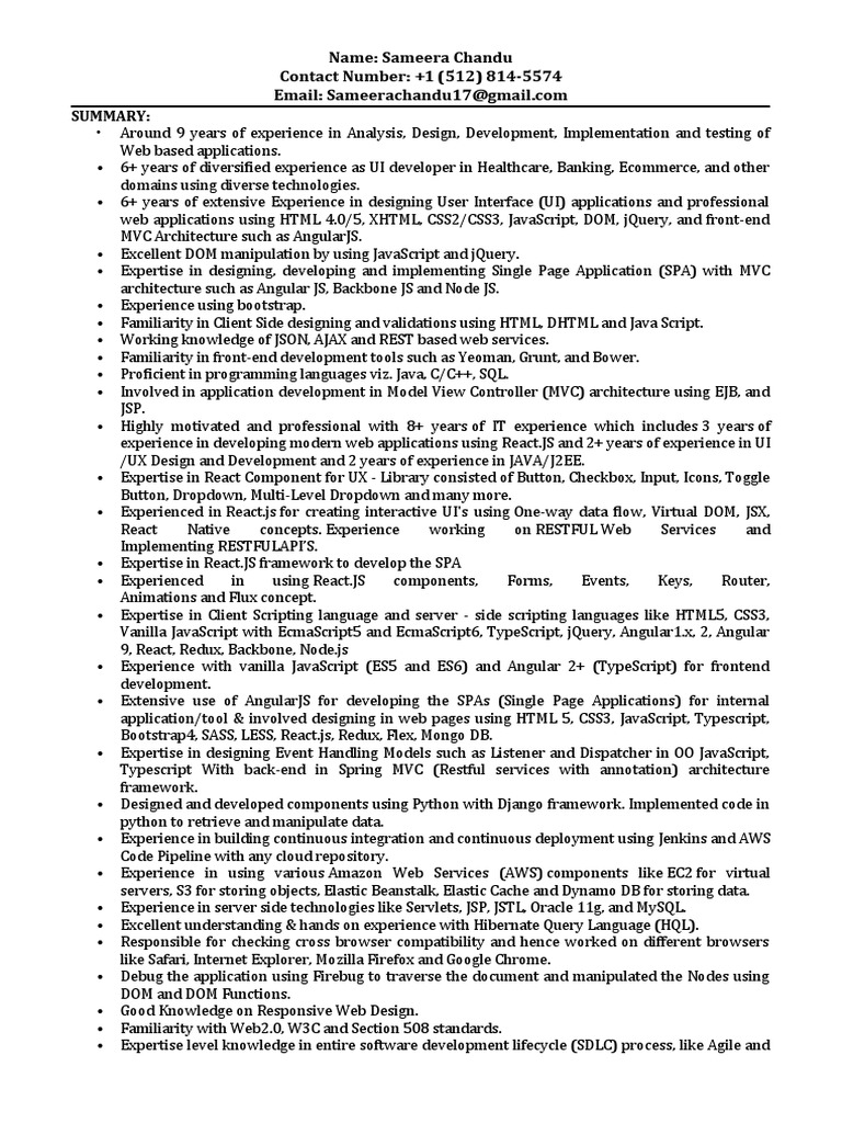 Dice Resume CV Sameera Chandu | PDF | Angular Js | Java Script