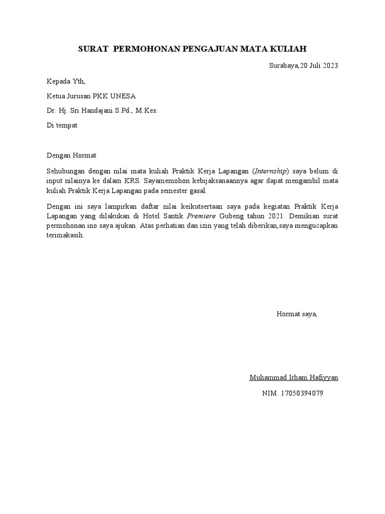Surat Permohonan Pengajuan Mata Kuliah | PDF