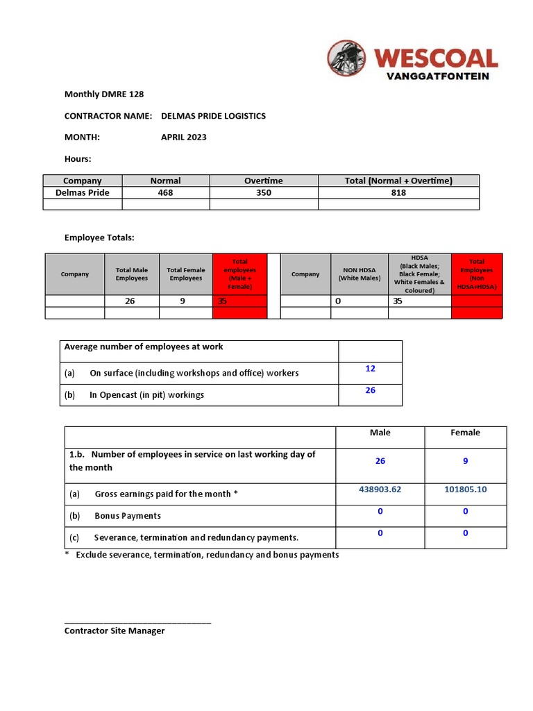 WESCOAL Monthly DMRE 128 Stats Revised (1) - Delmas Pride | PDF