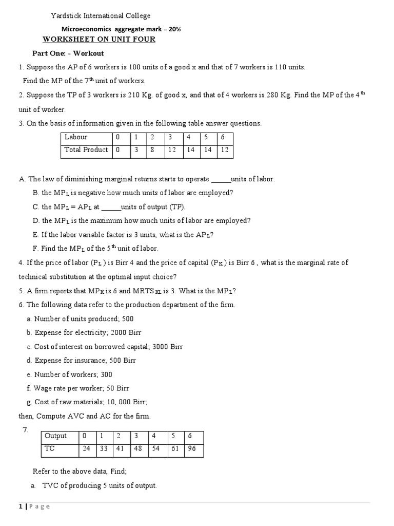 Microeconomics Worksheet for Students | PDF | Labour Economics ...