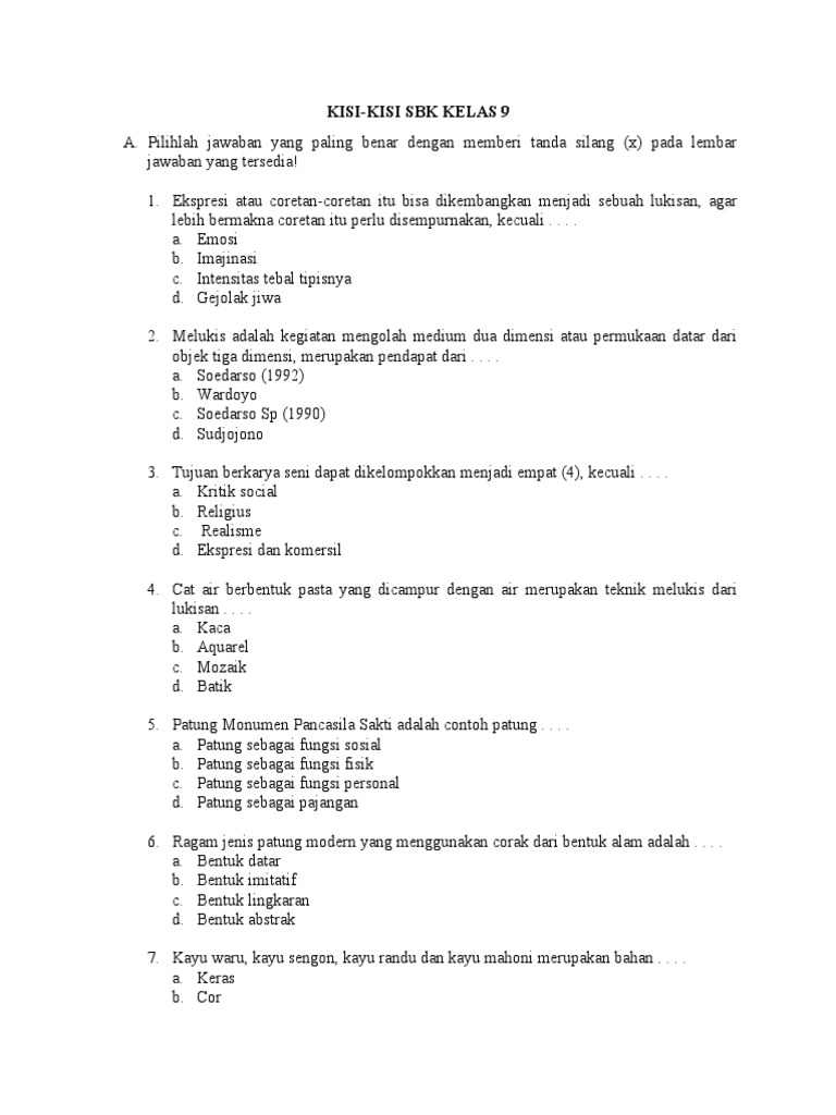Kisi-Kisi SBK Kelas 9 | PDF