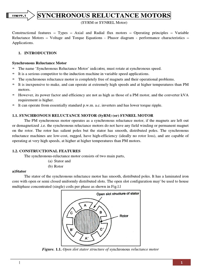 Ee6703 Sem Unit 1 - Synchronous Reluctance Motors | PDF