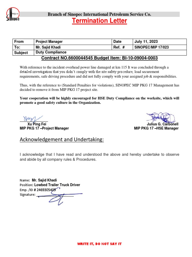 Attachment -6 Termination Letter of Driver and Operator (1) | PDF ...