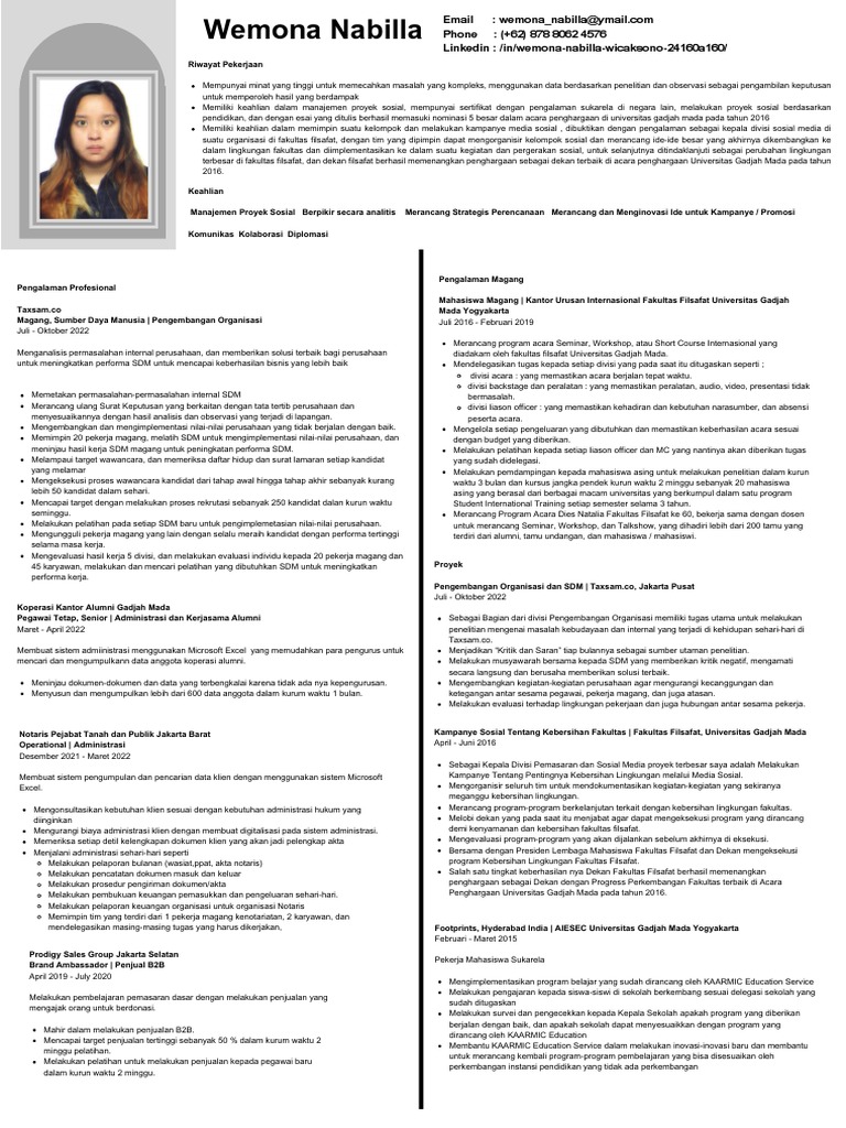 Wemona Nabilla CVResume Indonesia Ver | PDF