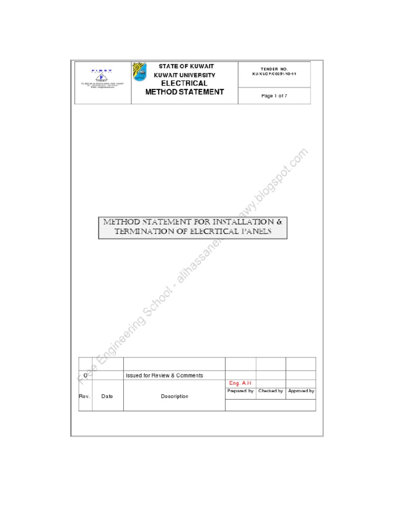 METHOD STATEMENT FOR INSTALLATION & TERMINATION of ELECRTICAL PANELS | PDF