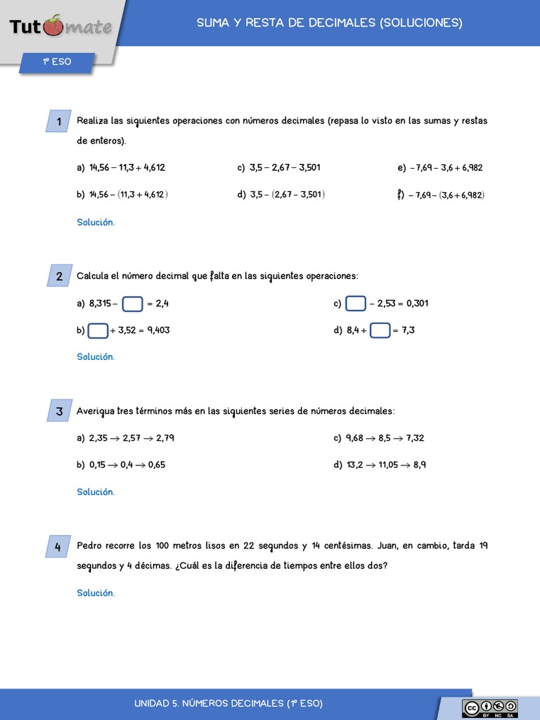Ejercicios de Suma y Resta de Decimales | PDF | Teoría de los números ...