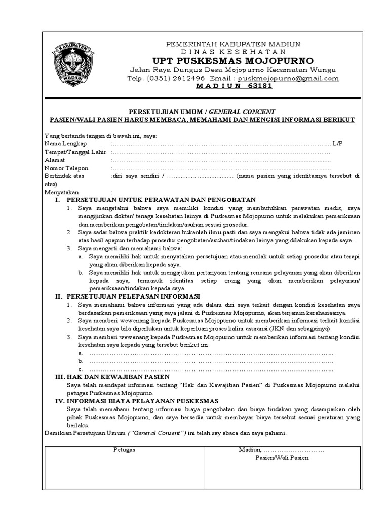 Persetujuan Umum Pasien Puskesmas | PDF