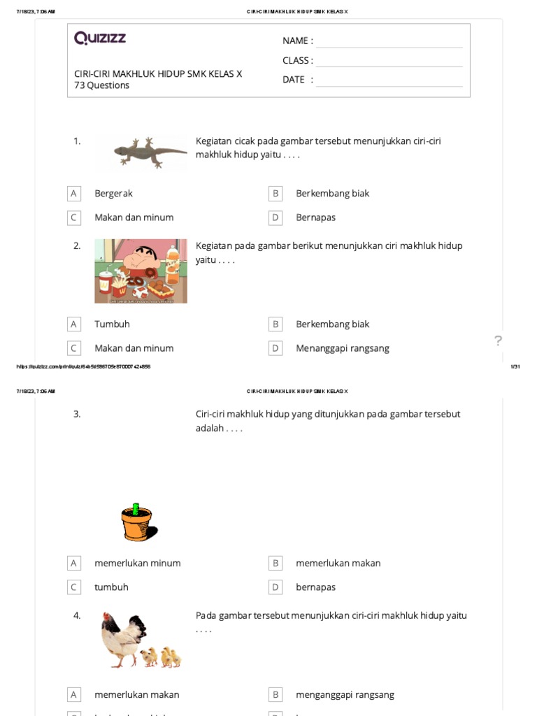 Ciri-Ciri Makhluk Hidup SMK Kelas X SMK (Tugas Mapel Proyek Ipas Selasa 18 Juli | PDF