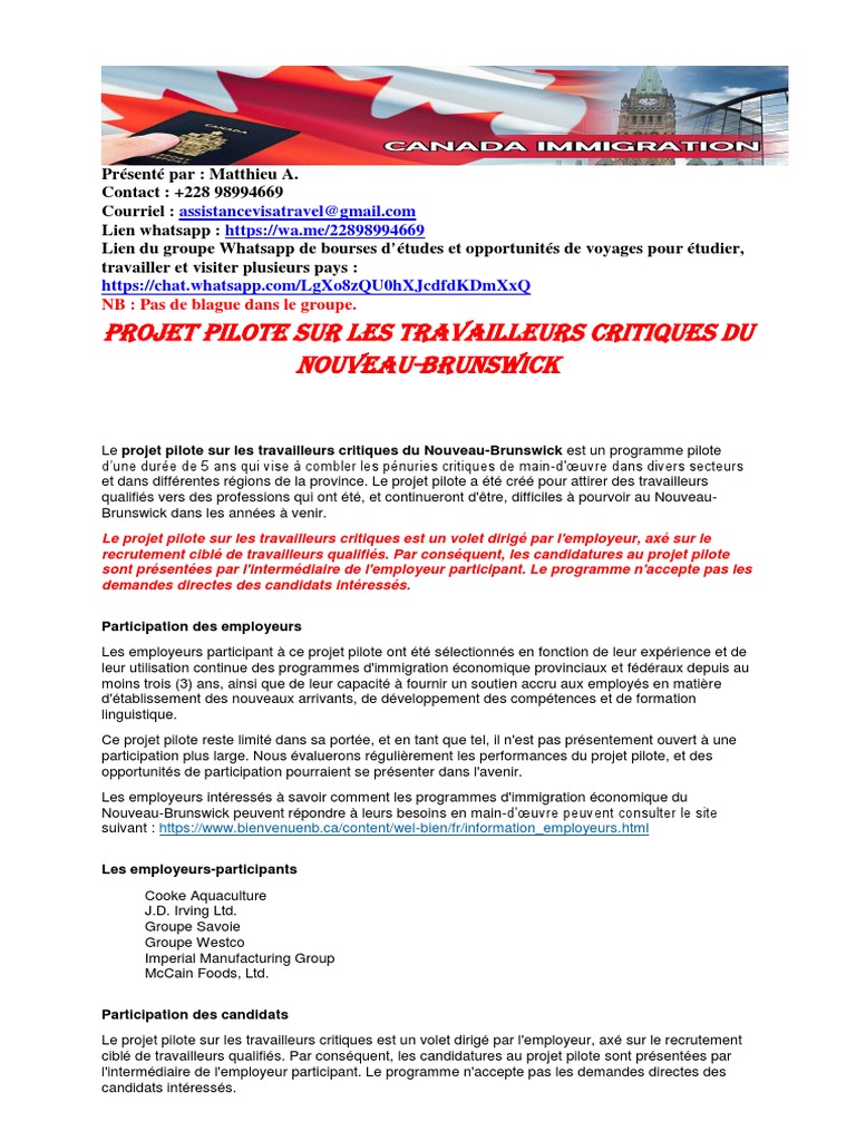 Projet pilote travailleurs critiques N.-B. | PDF | Nouveau-Brunswick