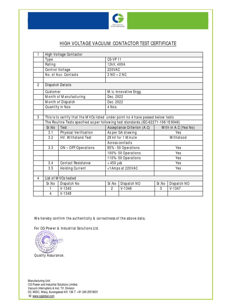 High Voltage Contactor Test Certificate | PDF