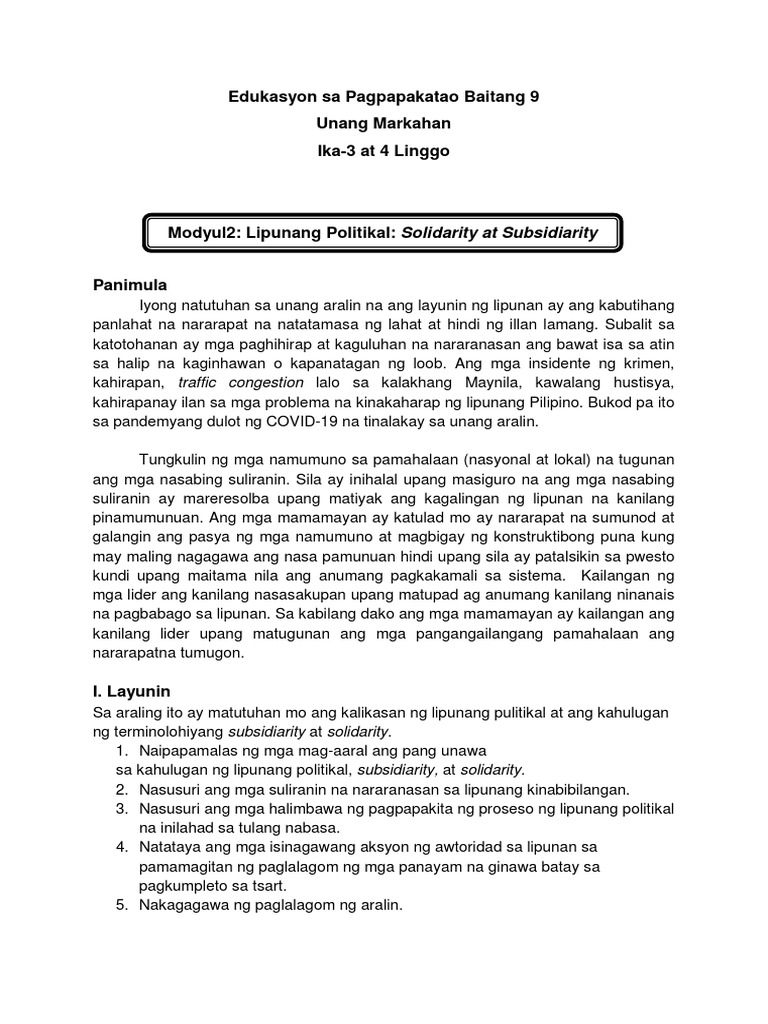 EsP 9 - Q1 - W3-W4 - Mod2 - Lipunang Politikal Solidarity at Subsidiary | PDF