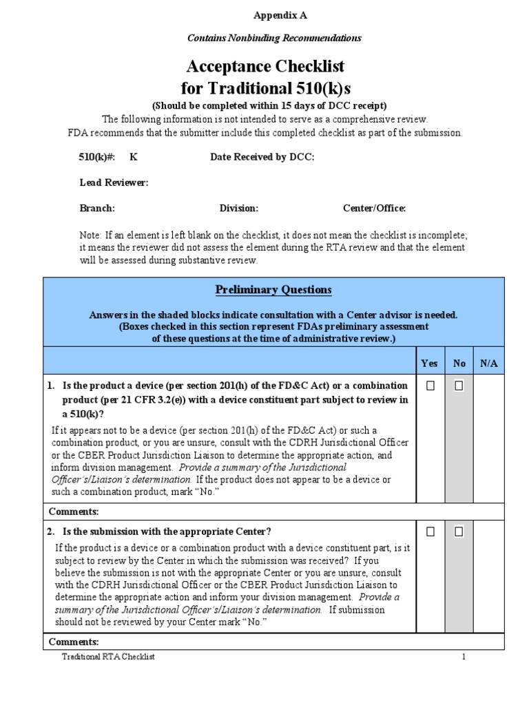 Vol 21 001 - RTA Checklist For Traditional 510k | PDF | Federal Food ...