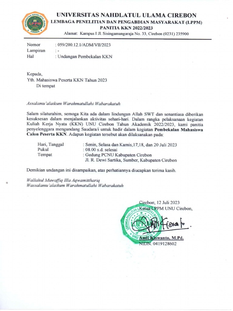 2023 - Surat Undangan Pembekalan KKN Mahasiswa Online | PDF