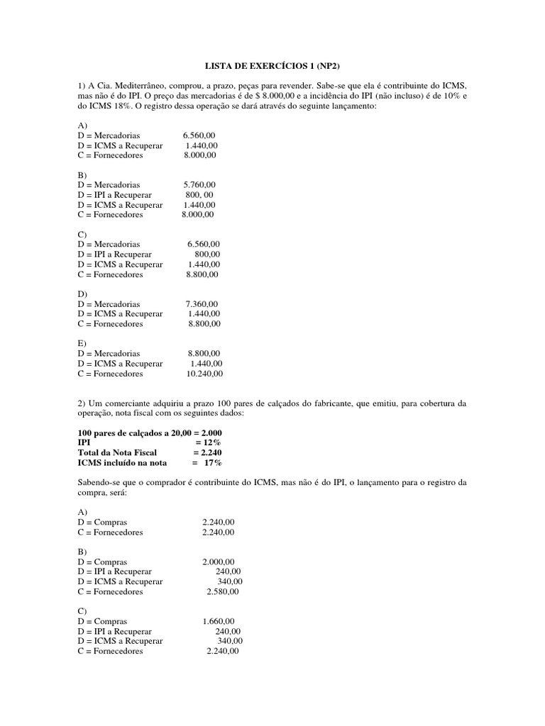 Lista Exercícios - 3 - IPI - ICMS | PDF | Recibo | Impostos