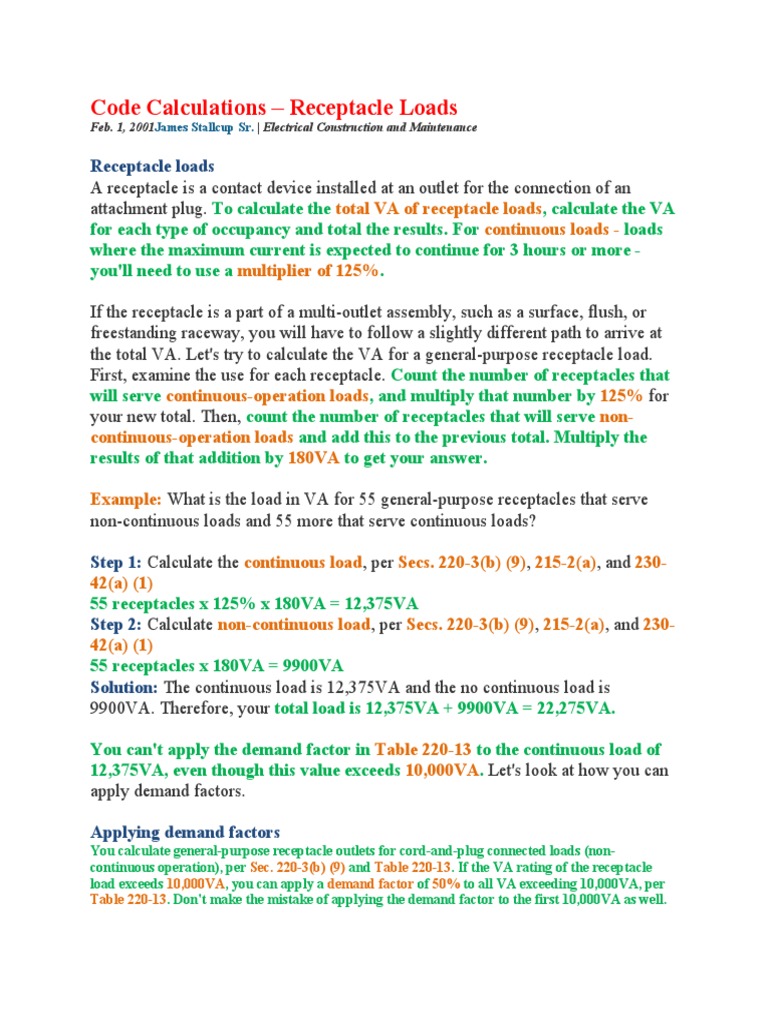 Receptacle Loads - Code Calc | Download Free PDF | Ac Power Plugs And ...