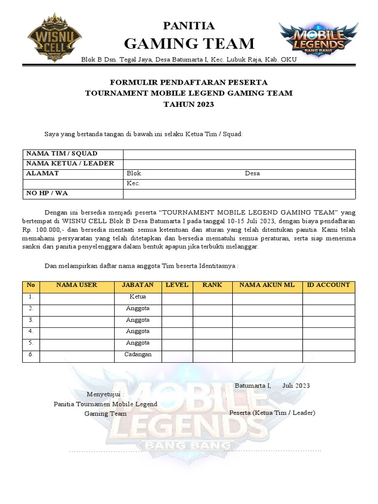 Formulir Penfdaftaran Tournamen Mobile Legend | PDF