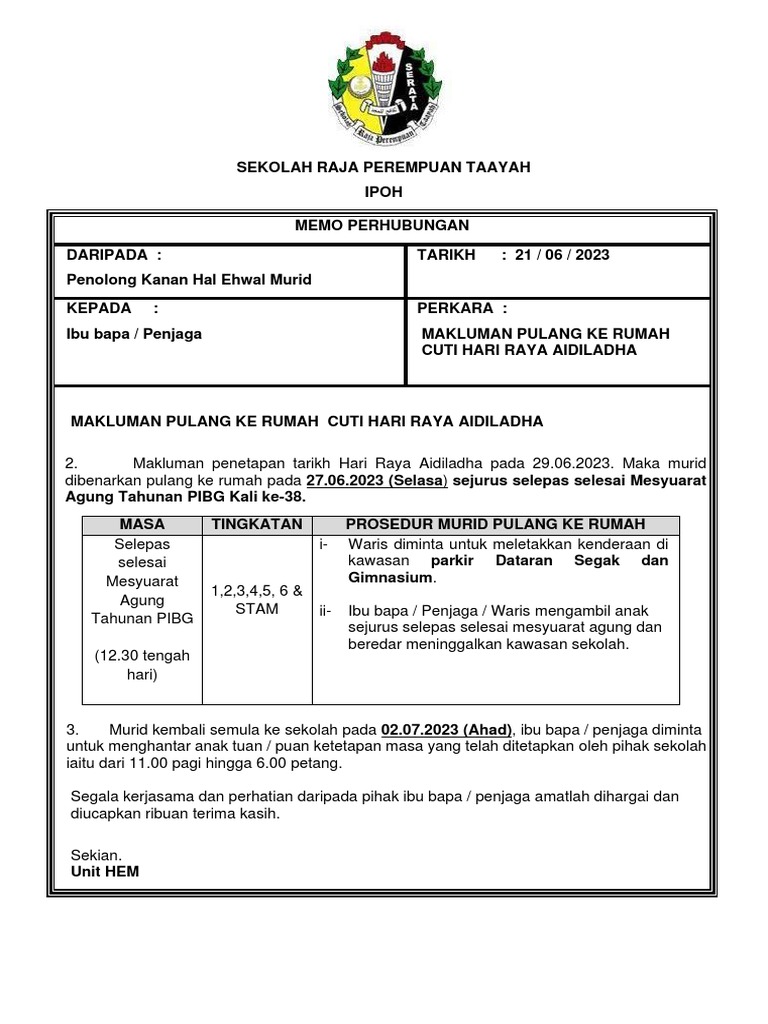 MEMO PERHUBUNGAN - Cuti Raya Haji | PDF