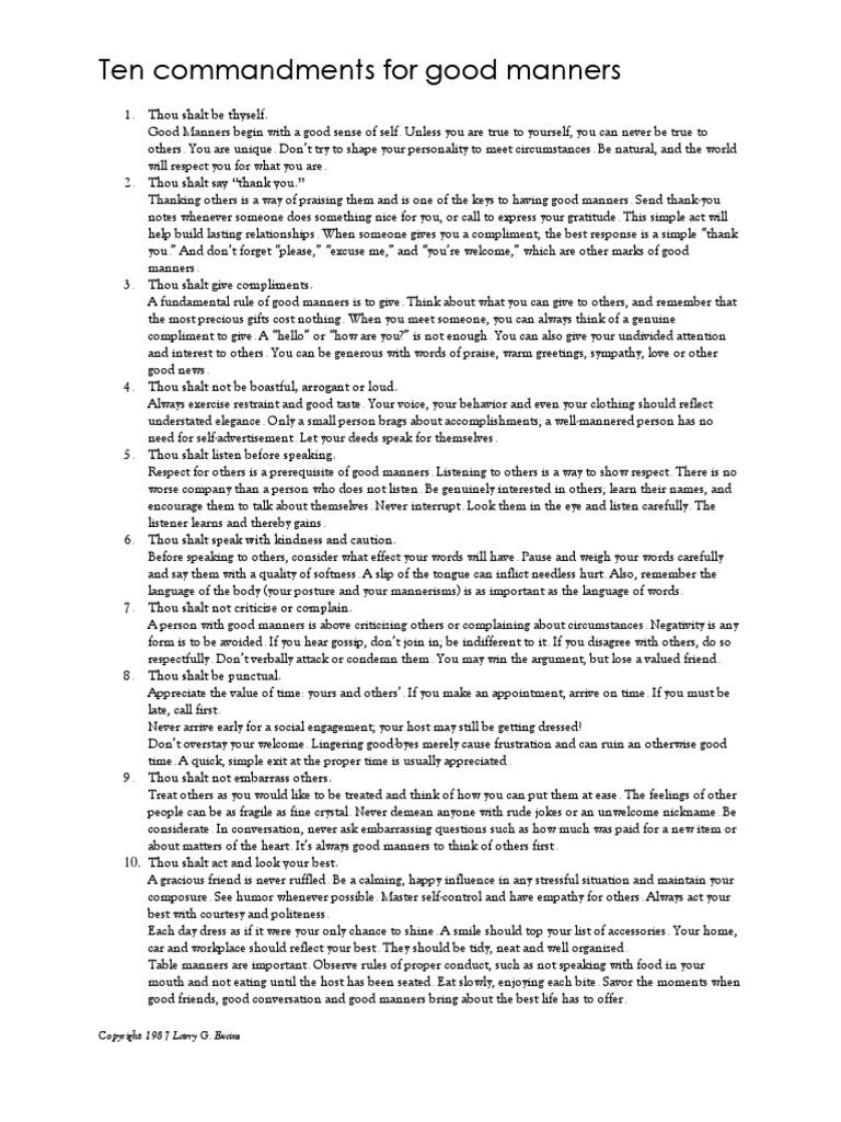 Ten Commandments For Good Manners | PDF | Social Psychology | Psychology