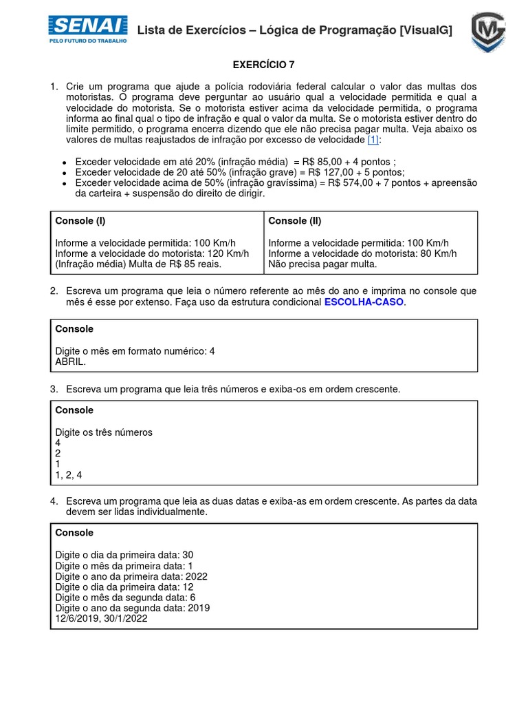 Exercício 04 - VisualG - Lógica | PDF