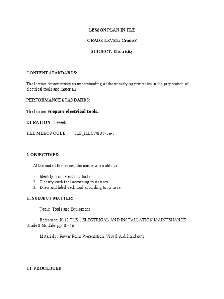 Grade 8 TLE Electricity Lesson Plan | PDF | Learning | Teachers
