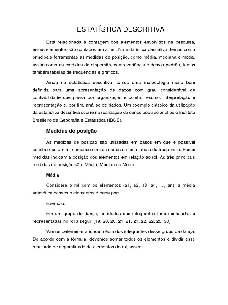 ESTATÍSTICA DESCRITIVA | PDF | Modo (Estatística) | Média
