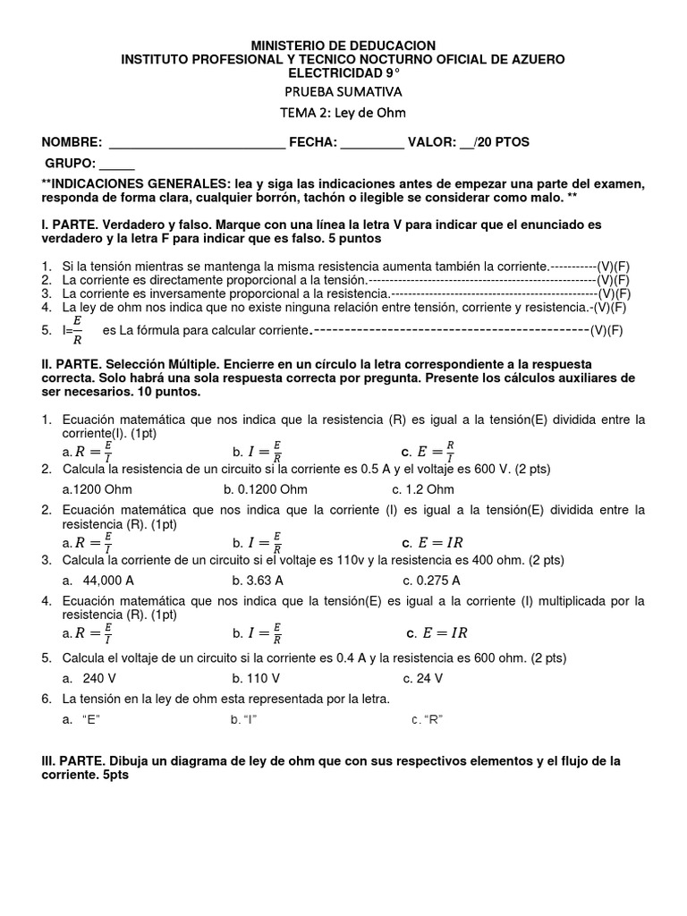Examen Ley de Ohm Electricidad 9 | PDF | Resistencia Eléctrica y Conductancia | voltaje