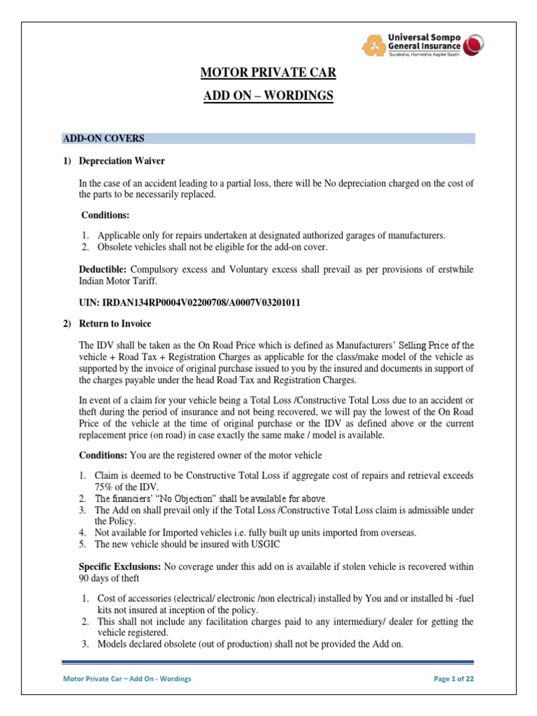 Motor Car Insurance Add-Ons Overview | PDF | Insurance | Automatic ...