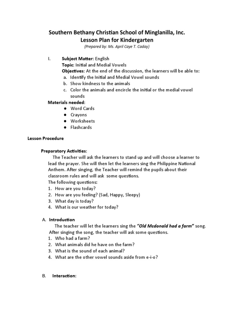 20 - Initial & Medial Vowel Sounds | PDF | Teachers | Lesson Plan