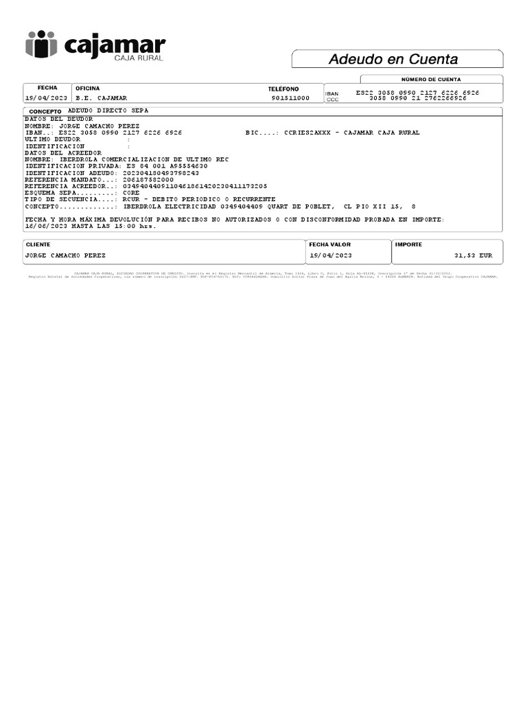 Recibo Iberdrola CAJAMAR | PDF